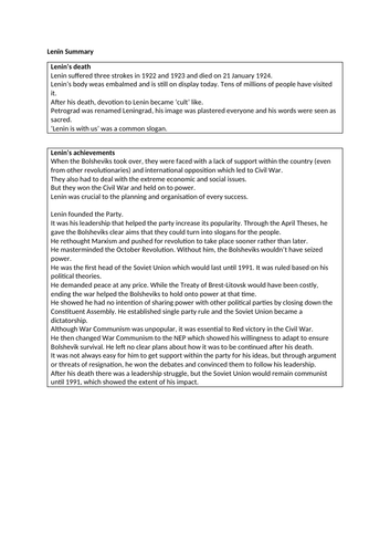 Achievements of Lenin – Russia & the Soviet Union Part 5 - IGCSE ...