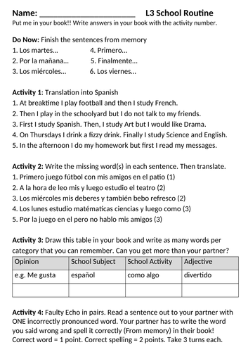 3x Y7 School Routine Spanish Cover Work | Teaching Resources