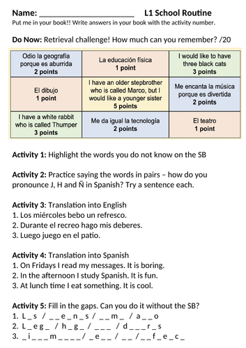 3x Y7 School Routine Spanish Cover Work | Teaching Resources