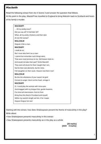 GCSE AQA Literature Paper 1 Macbeth - Masculinity and Gender | Teaching Resources