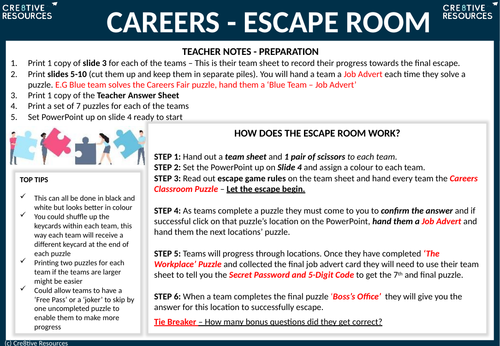 Secondary Careers Escape Room | Teaching Resources