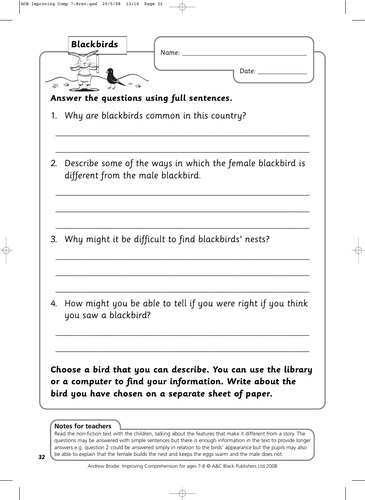 Reading comprehension age 7-8 (Year 4) | Teaching Resources