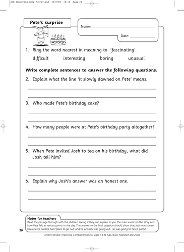 Reading comprehension age 7-8 (Year 4) | Teaching Resources