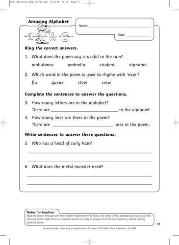 Reading comprehension age 7-8 (Year 4) | Teaching Resources
