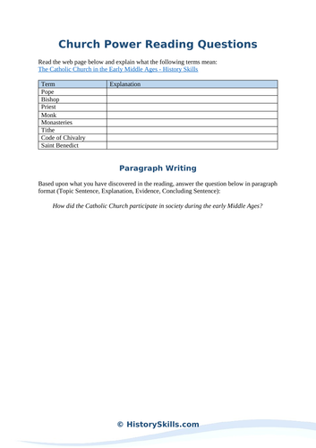 Church Power in the Middle Ages Reading Questions Worksheet | Teaching ...