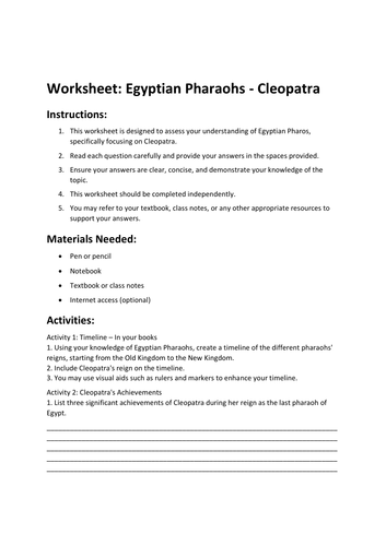 Worksheet: Egyptian Pharaohs - Cleopatra - Reading Comprehension ...