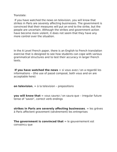 French A LEVEL TRANSLATION exercises with answers | Teaching Resources