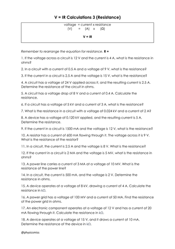 GCSE PHYS V = IR calculations questions | Teaching Resources