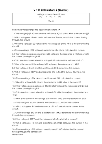 GCSE PHYS V = IR calculations questions | Teaching Resources