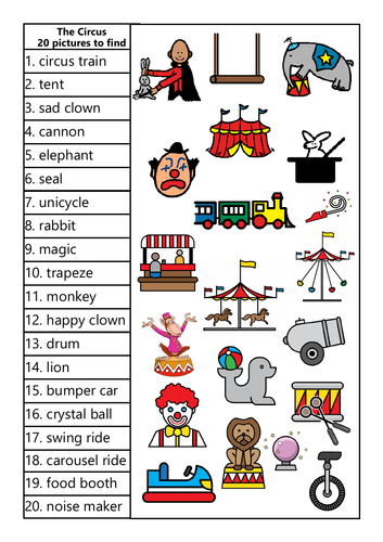 The Circus 20 Pictures + Symbols to Find | Teaching Resources