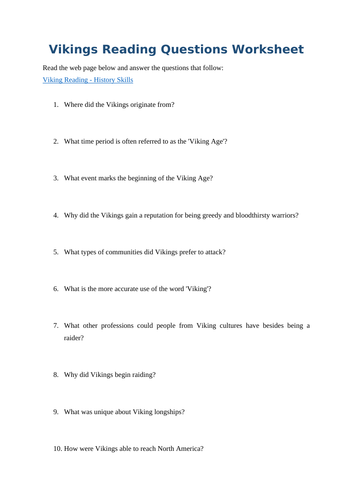 Introduction to the Vikings Reading Questions Worksheet | Teaching ...