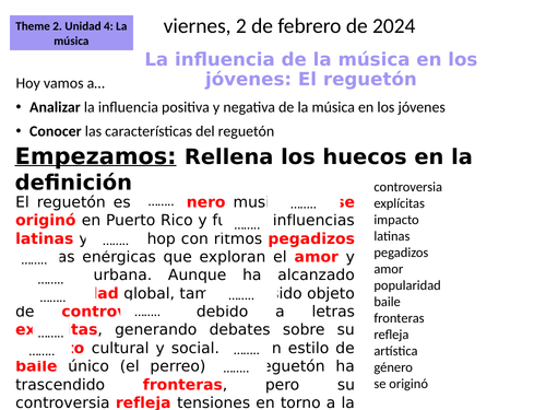 Unit 4, la música, A level | Teaching Resources