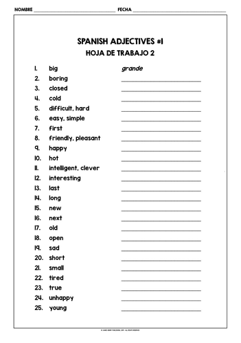 SPANISH ADJECTIVES WORKSHEETS FREEBIE #1 | Teaching Resources