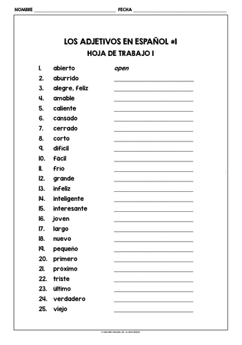 SPANISH ADJECTIVES WORKSHEETS FREEBIE #1 | Teaching Resources