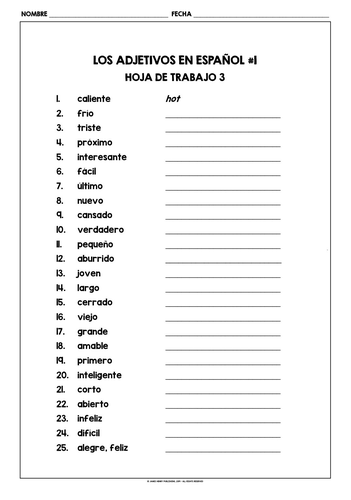 SPANISH ADJECTIVES WORKSHEETS FREEBIE #1 | Teaching Resources