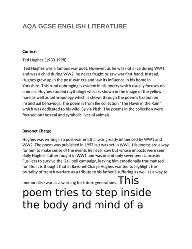GCSE POETRY ANALYSIS TED HUGHES' POEM "Bayonet Charge" | Teaching Resources