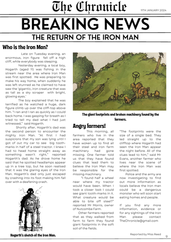 Newspaper Report Example- The Iron Man by Ted Hughes | Teaching Resources