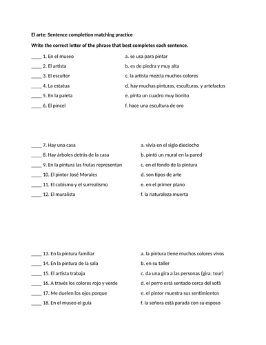 El arte: Sentence completion matching practice | Teaching Resources