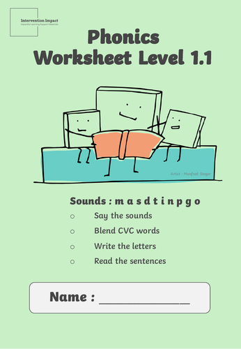 Phonics Worksheet Level 1.1 (Focused Sounds :m,a,s,d,t,i,n,p,g,o ...