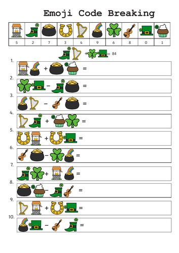 St. Patrick's Day Themed Emoji Codebreaker: Engaging Math Worksheets ...