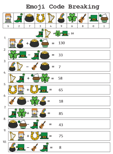 St. Patrick's Day Themed Emoji Codebreaker: Engaging Math Worksheets for Primary Students ...