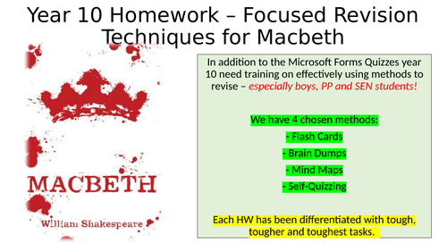 KS4 Macbeth Knowledge organiser and revision strategy homework tasks | Teaching Resources