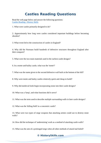 History of Medieval Castles Reading Questions Worksheet | Teaching ...