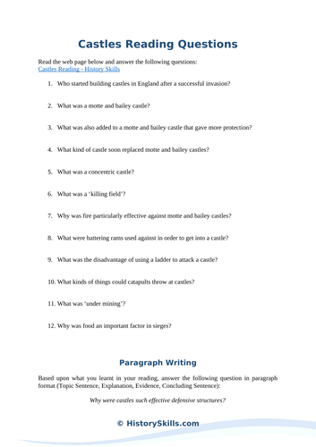 History of Medieval Castles Reading Questions Worksheet | Teaching ...