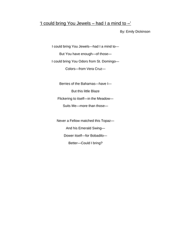 'I could bring you Jewels - had I a mind to' by Emily Dickinson ...