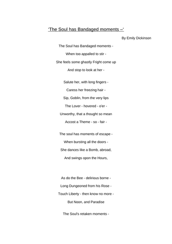 Emily Dickinson ' 'The Soul has Bandaged Moments' | Teaching Resources