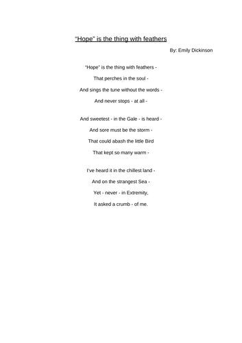 Emily Dickinson - 'Hope' is the thing with feathers | Teaching Resources