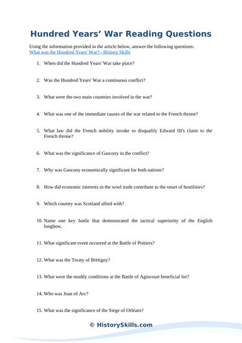 Hundred Years’ War Reading Questions Worksheet | Teaching Resources