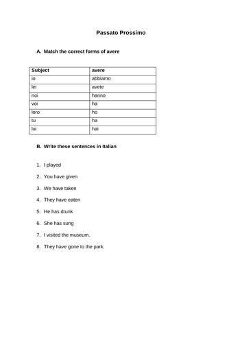 Italian - Passato Prossimo | Teaching Resources