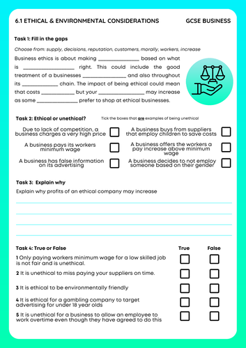 GCSE Business Ethical and Environmental Considerations Worksheet ...