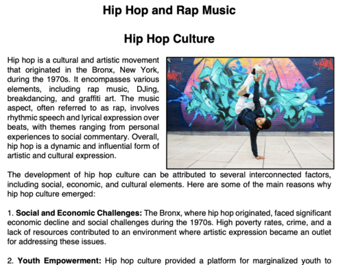 Hip Hop and Rap Music (Cover Work Booklet) | Teaching Resources