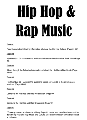 Hip Hop and Rap Music (Cover Work Booklet) | Teaching Resources