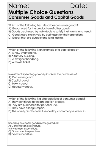 A level Economics - Worksheets - Theme 1.1 - Capital Goods and Consumer ...