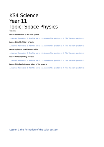 AQA Physics Space independent work booklet | Teaching Resources