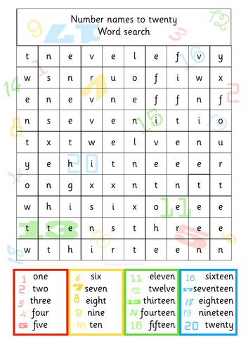Wordsearch Number names one to twenty colour also hidden numerals ...