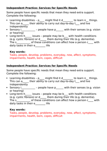 Services for Specific Needs - BTEC Health and Social Component 2 ...