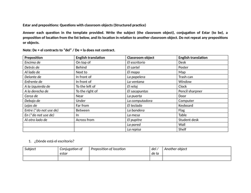 Estar and prepositions: Questions with classroom objects (Structured ...