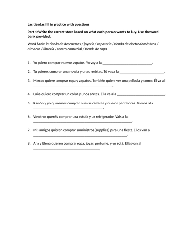 Las tiendas fill in practice with questions | Teaching Resources