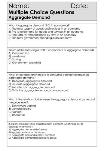 A Level Economics - Worksheets - Theme 2.2 - Aggregate Demand ...