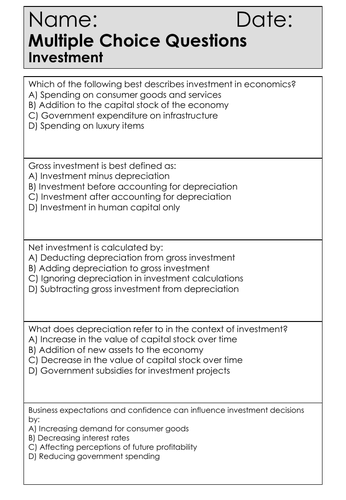 A Level Economics - Worksheets - Theme 2.2 - Investments | Teaching ...