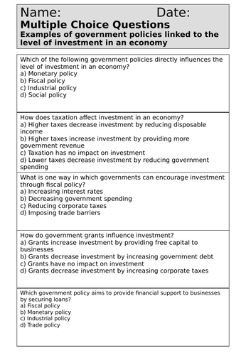 A Level Economics - Worksheets - Theme 2.2 - Examples of government ...