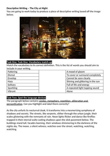 English Cover: Descriptive Writing, The City at Night | Teaching Resources