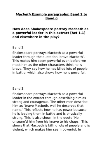 Macbeth Lit GCSE Model paragraphs Band 2 to 6 - Grade 9 response ...
