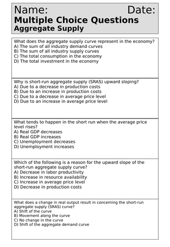 A Level Economics - Worksheets - Theme 2.3 - Aggregate Supply ...
