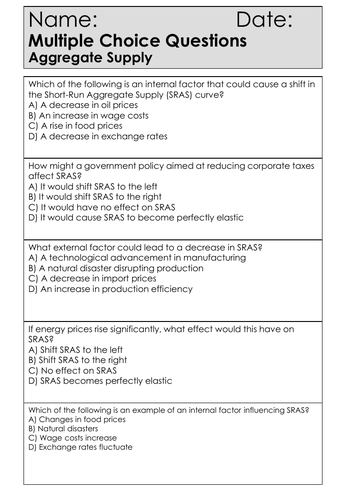 A Level Economics - Worksheets - Theme 2.3 - Factors effecting short ...