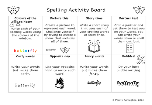 Butterfly Spelling Choice Board | Teaching Resources